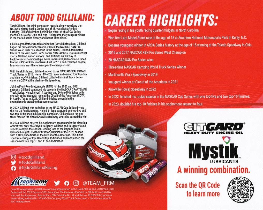 Autographed 2024 Todd Gilliland #38 CitGard Racing 8x10 Hero Card COA ...