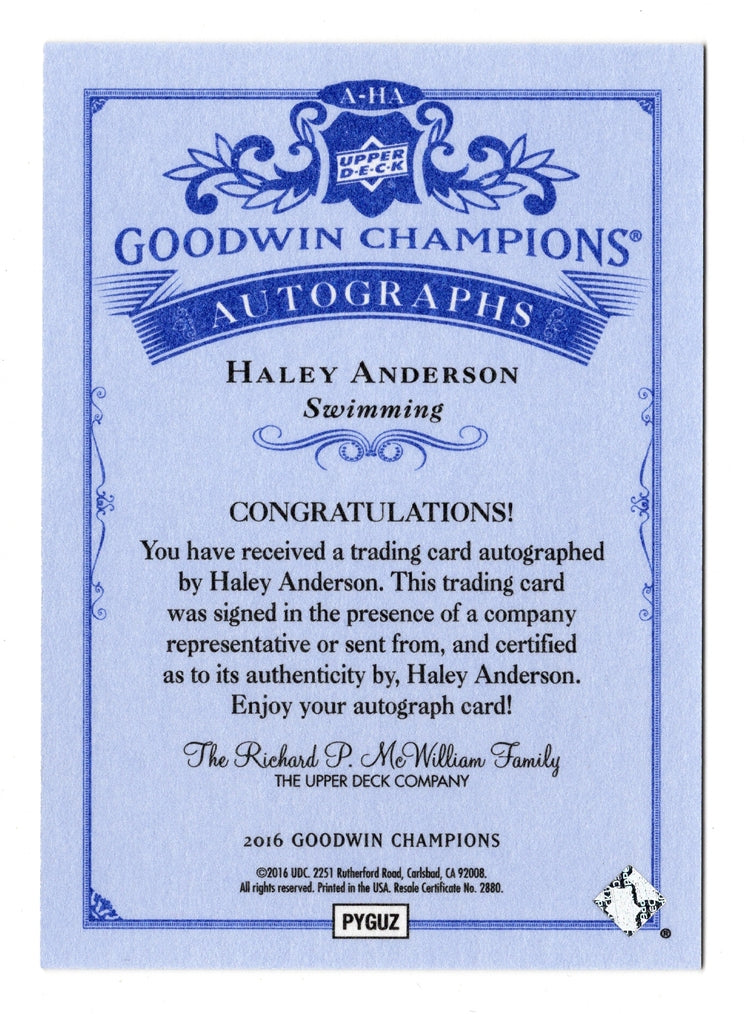 Autographed Haley Anderson 2016 Upper Deck Goodwin Champions Official ...