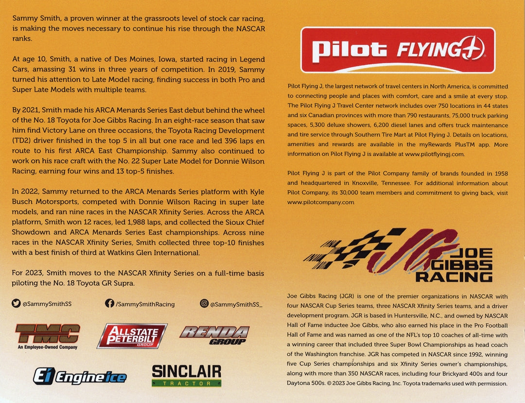 Autographed 2023 Sammy Smith #18 Pilot Flying J Hero Card NASCAR Photo ...