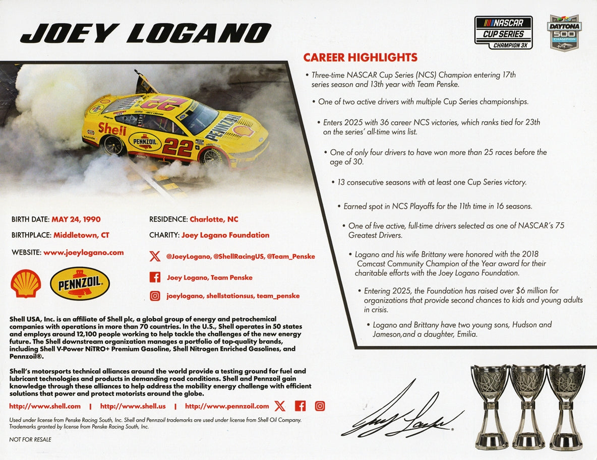 Autographed 2025 Joey Logano #22 Pennzoil 3X NASCAR Champion Hero Card ...